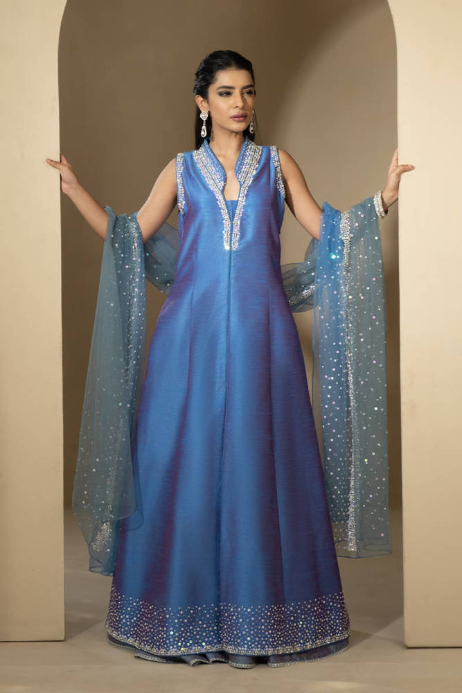 Silver Ice Gown With Lehnga | Farida Hasan